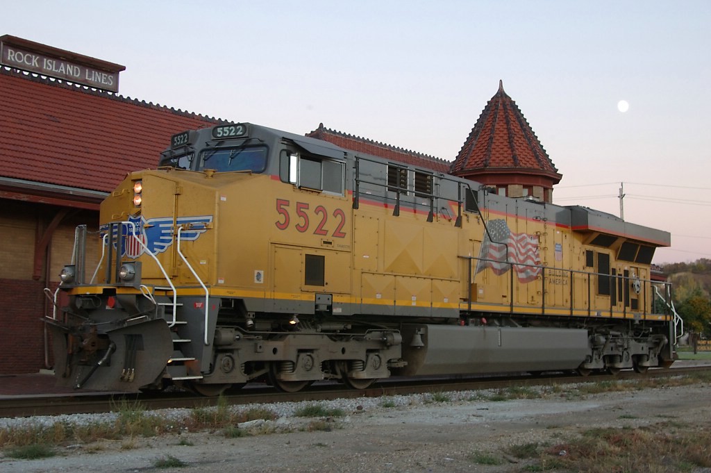 UP 5522, GE C45ACCTE, (GEVO), sits idle in front of the ex Rock Island Depot,
